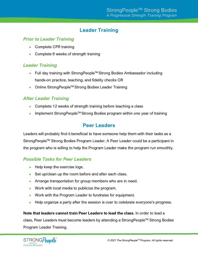 Leader Training Plan and Peer Leaders – StrongPeople