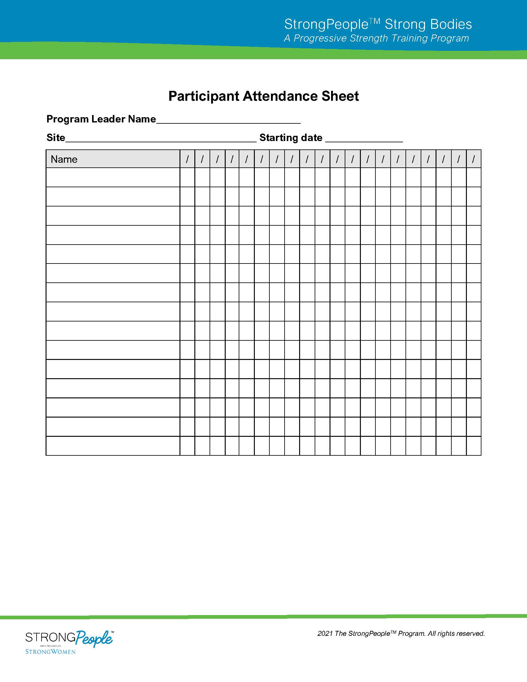 Participant Attendance Sheet – StrongPeople