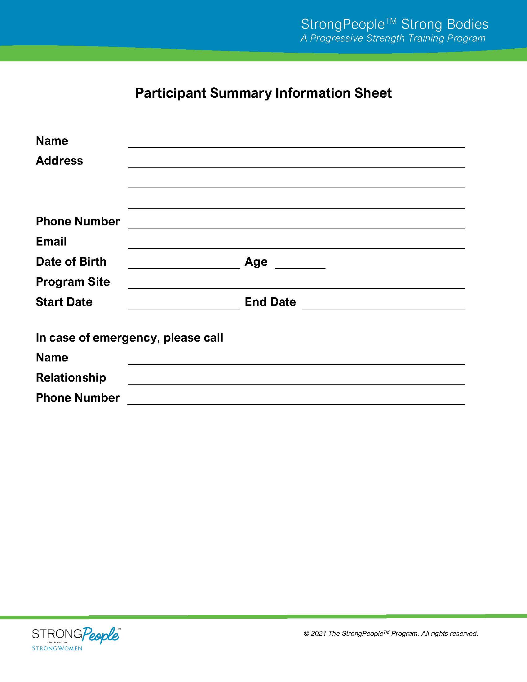 Participant Summary Information – StrongPeople