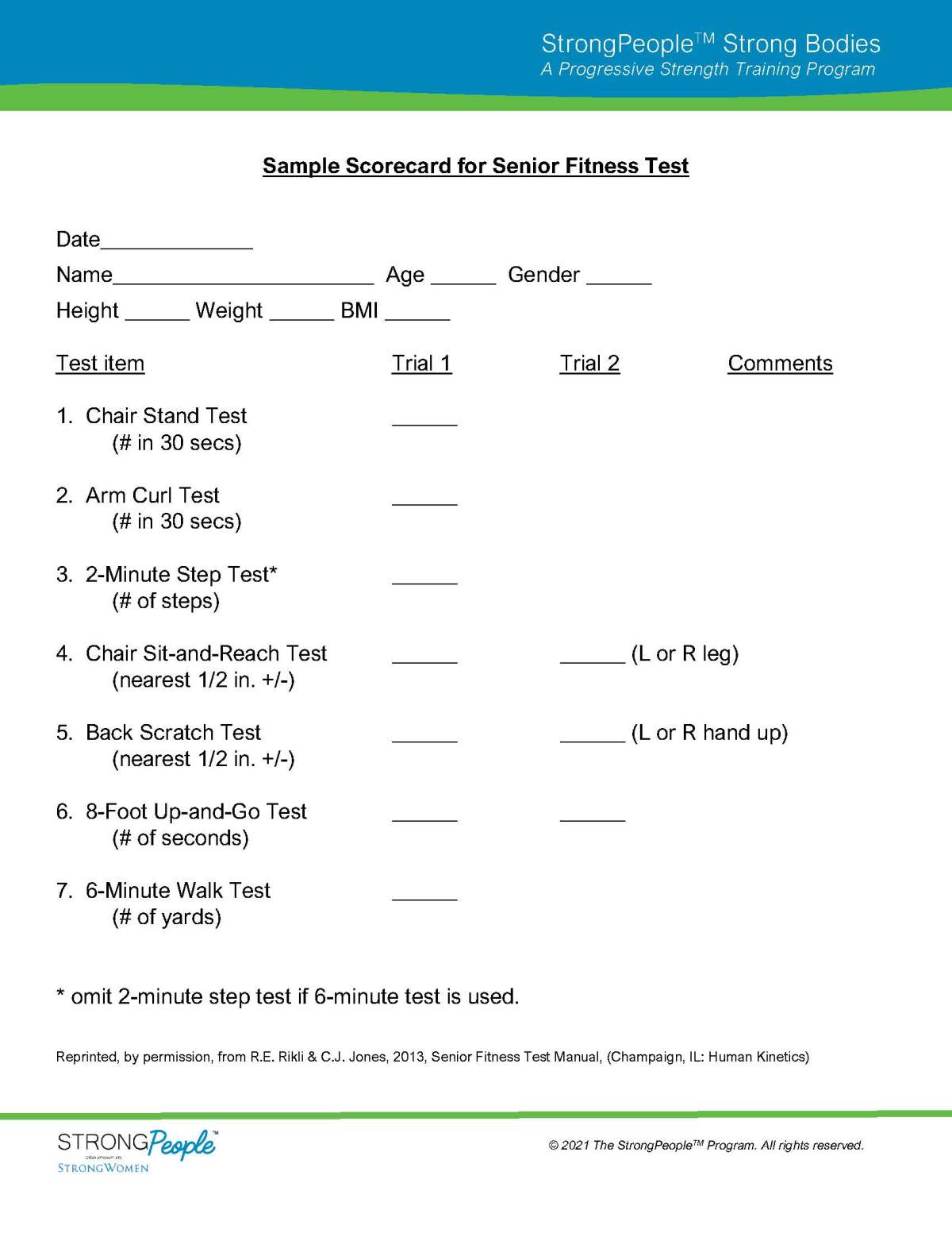 Sample Score Card for Senior Fitness Test – StrongPeople
